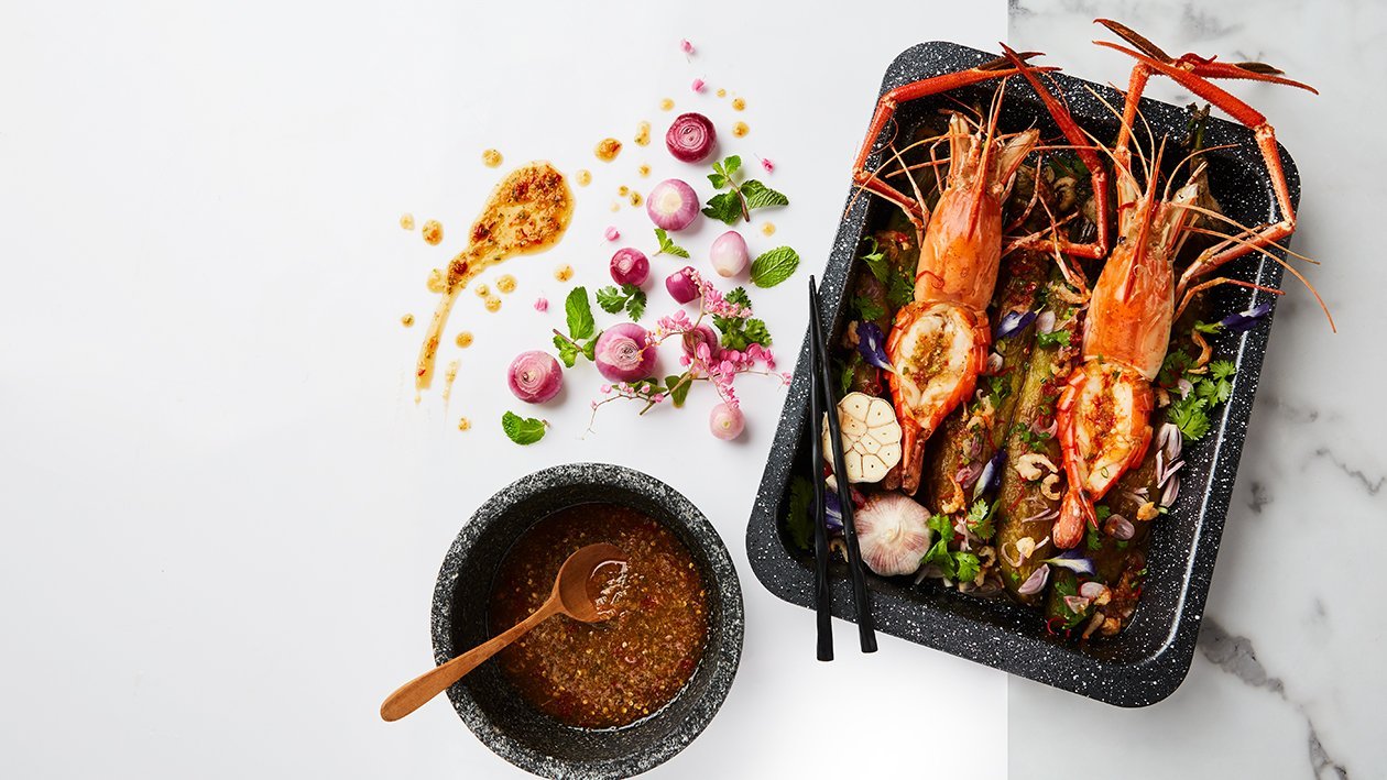 Grilled River Prawn with Roasted Thai Green Eggplant Salad - Recipe